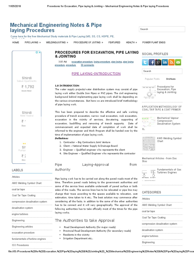 Procedures For Excavation, Pipe Laying & Jointing - Mechanical ...