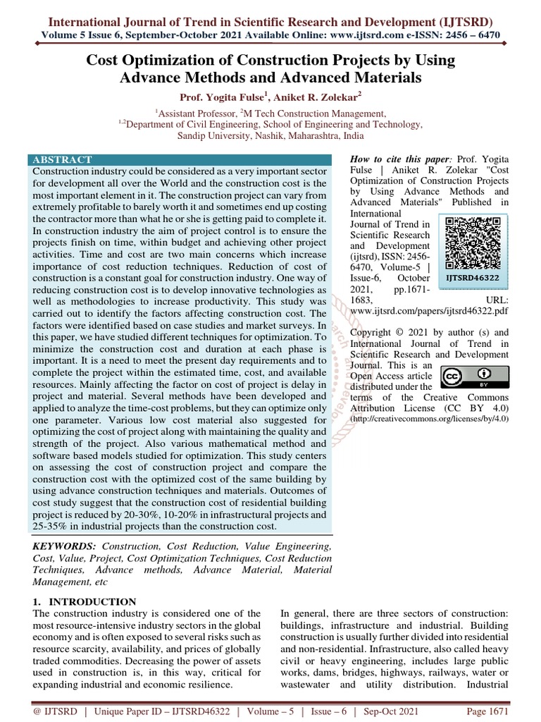Cost Optimization Of Construction Projects By Using Advance Methods And 0178