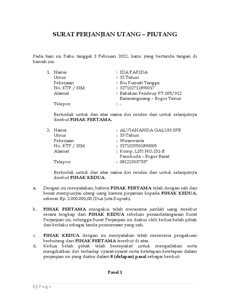 Contoh Surat Perjanjian Utang Piutang FH UII | PDF
