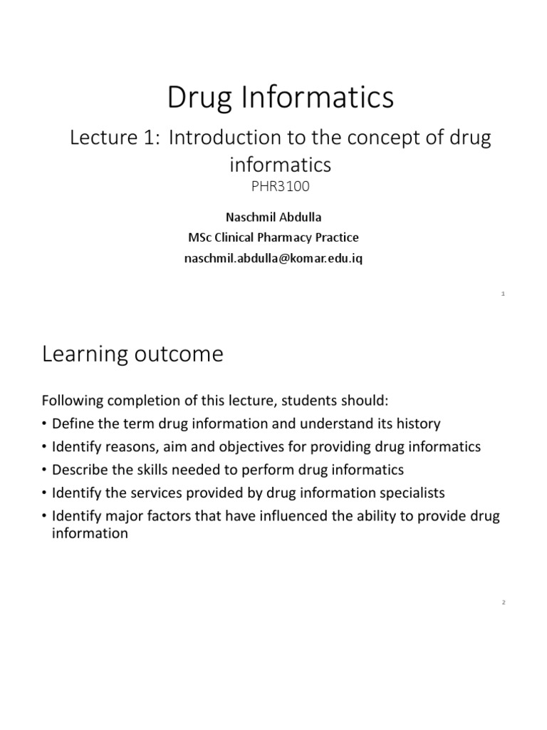 Drug Informatics: Lecture 1: Introduction To The Concept of Drug ...