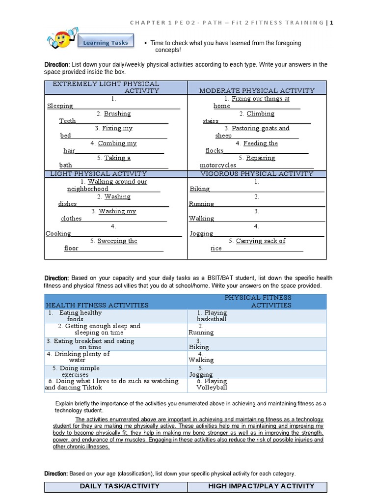 Learning Tasks: Chapter 1 Pe 02 - Path - Fit 2 Fitness Training | PDF ...
