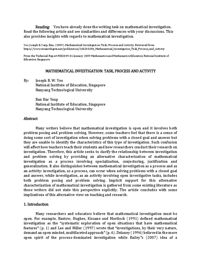 Mathematical Investigation Task Process Activity | PDF | Inductive ...