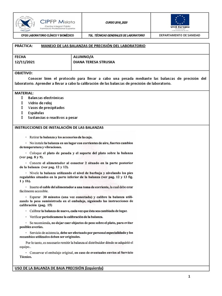 Práctica Ud2. Manejo de La Balanza de Precisión Diana Struska 1 Gs Lab | Descargar gratis PDF ...