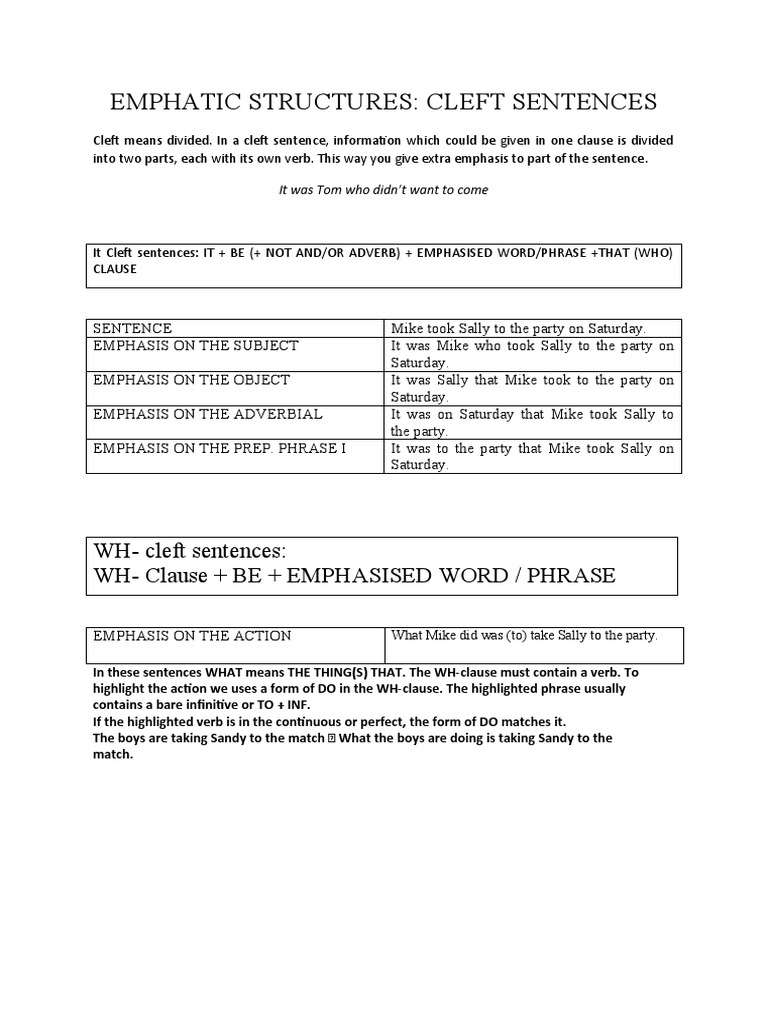 Emphatic Structures: Cleft Sentences: WH-cleft Sentences: WH - Clause ...