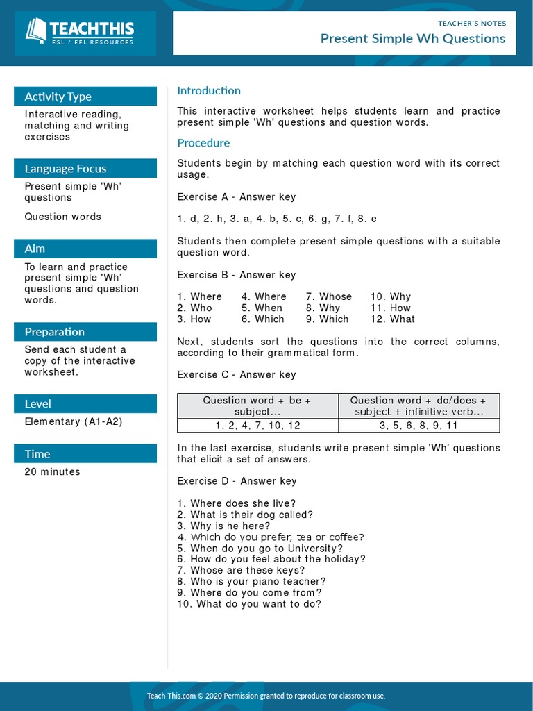 Present Simple WH Questions Interactive Worksheet Teachers Notes | PDF ...