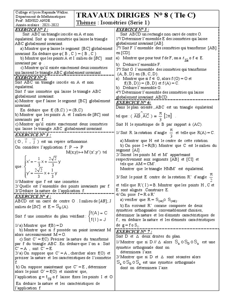 TD 8 ISOMETRIES Tle C 2021-2022 PDF | PDF | Triangle | Orthogonalité