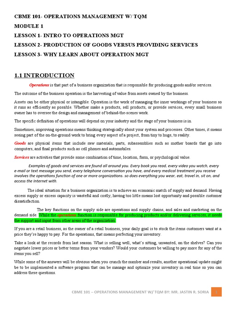 Cbme 101-Operations Management W/ TQM Lesson 1 - Intro To Operations ...