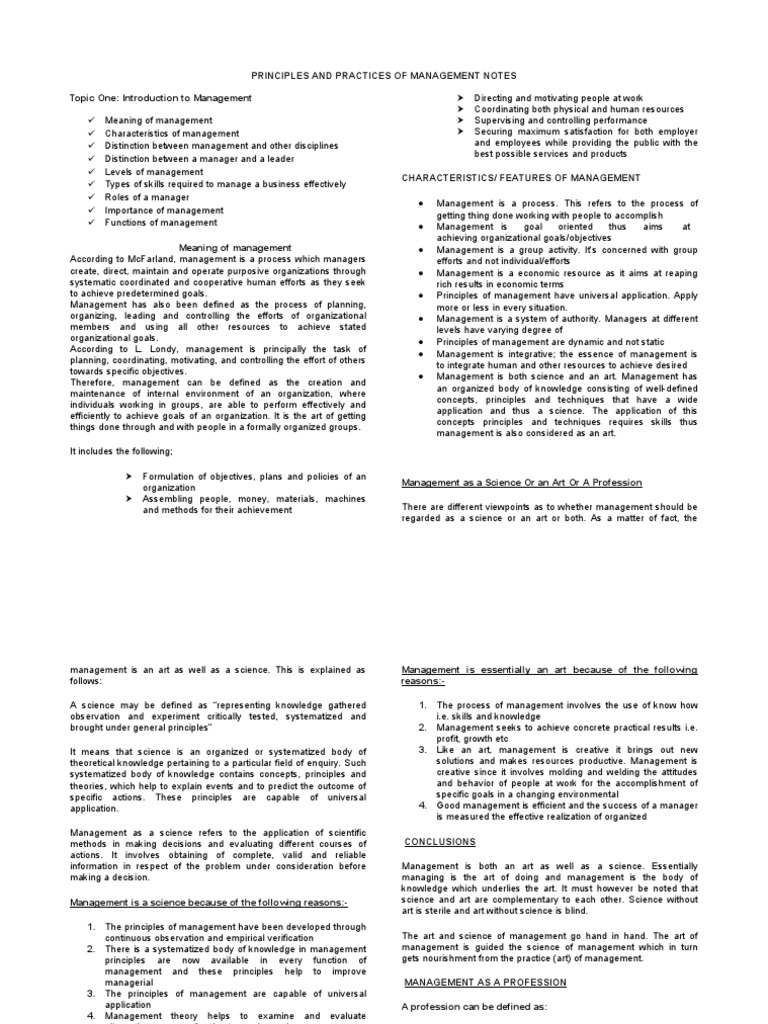 Principles and Practices of Management Notes Topic One: Introduction To ...