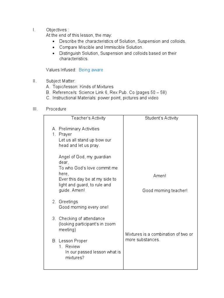 Lesson Plan Kinds of Mixtures | PDF | Mixture | Physical Chemistry