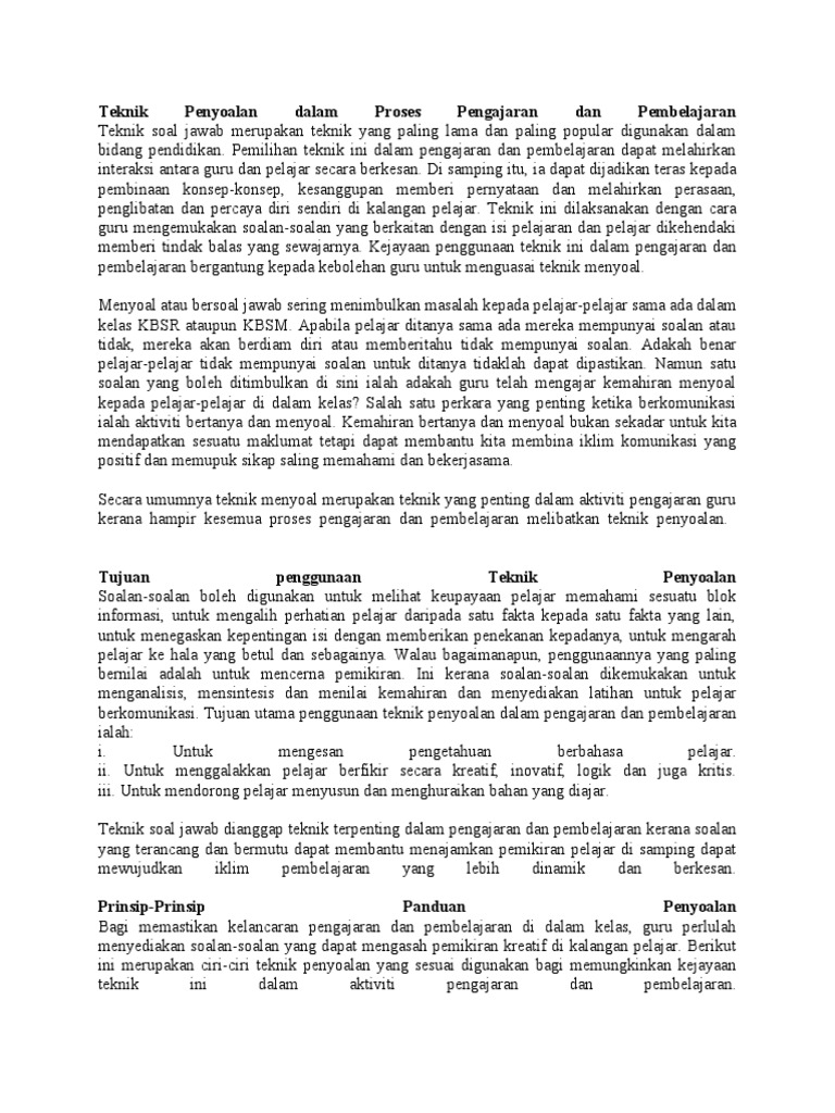Teknik Penyoalan Dalam Proses Pengajaran Dan Pembelajaran | PDF