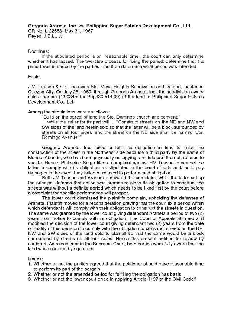 Gregorio Araneta, Inc. vs. Phil. Sugar Estates Development, 20 SCRA 330 ...