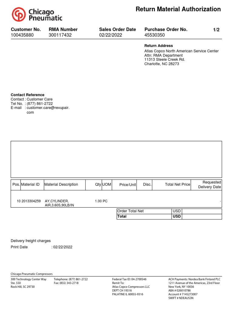 Return Material Authorization: 1/2 RMA Number Customer No. Purchase ...