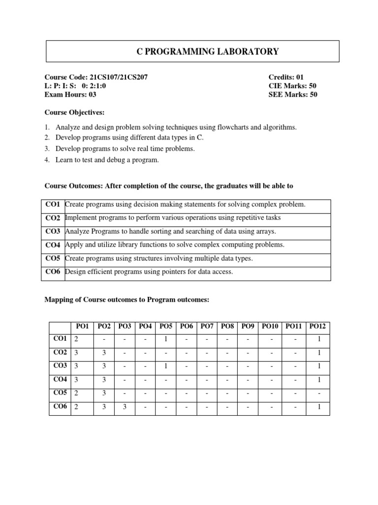 C Programming Lab Syllabus-2021-22 | Download Free PDF | Matrix (Mathematics) | Laboratories