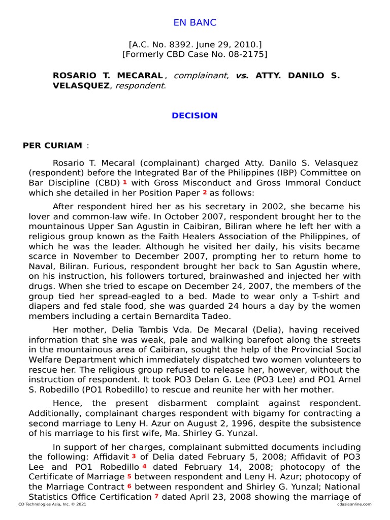Complainant Respondent: Rosario T. Mecaral, - Atty. Danilo S. Velasquez ...