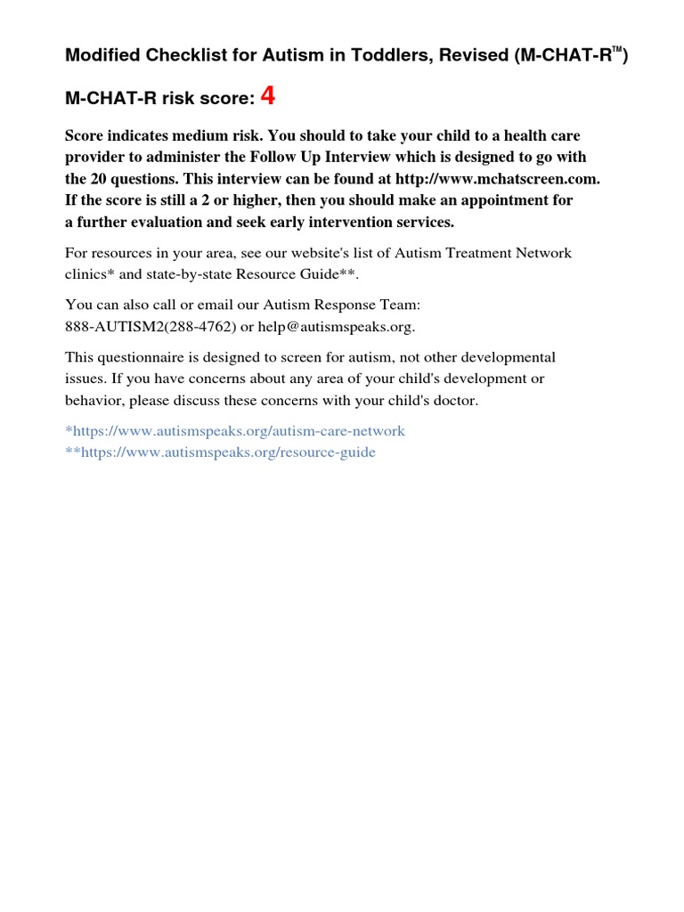 Modified Checklist For Autism in Toddlers, Revised (M-CHAT-R) | PDF | Autism | Interview