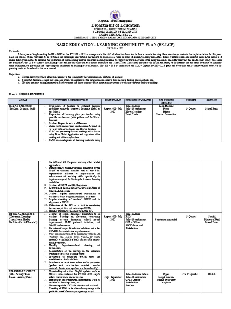 Department Of Education Basic Education Learning Continuity Plan Be Lcp Pdf Teachers