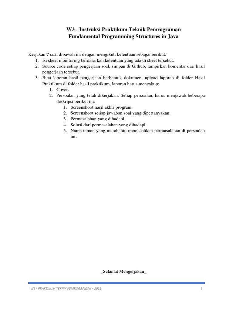 W3 - Instruksi Praktikum Teknik Pemrograman Fundamental Programming Structures in Java | PDF ...