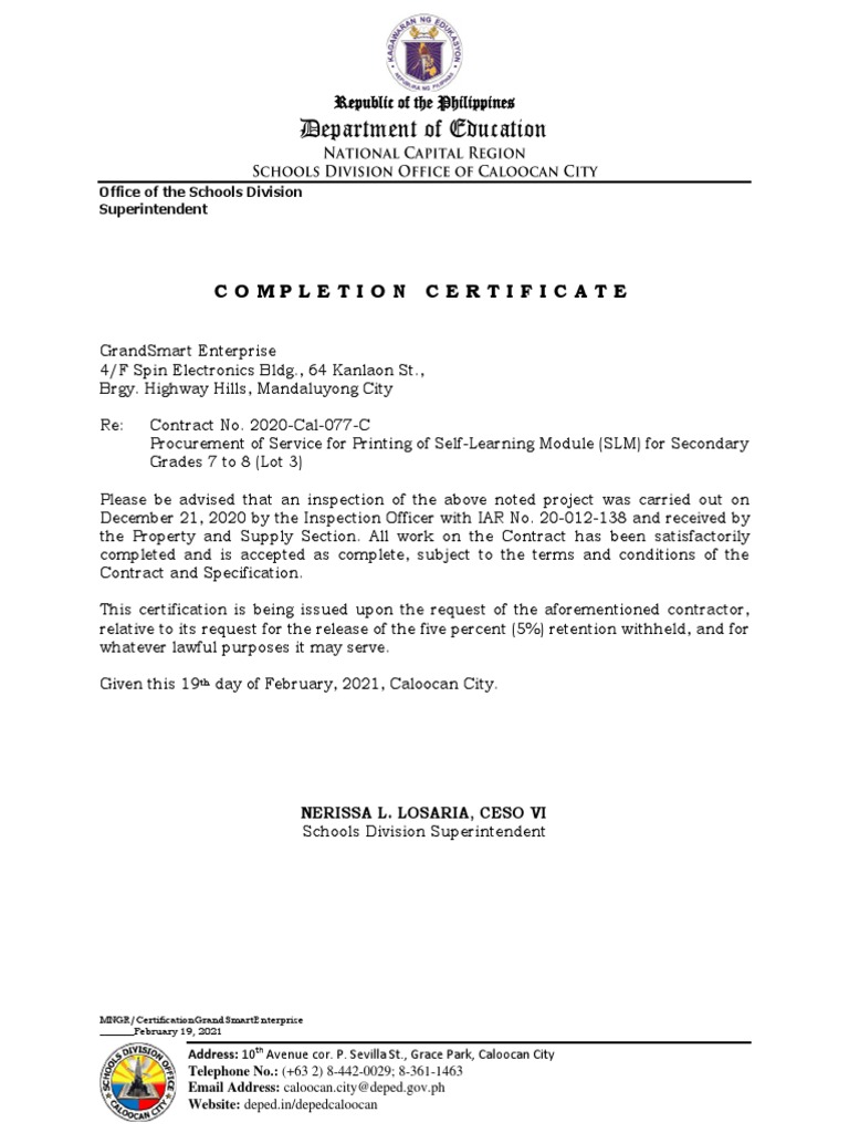 Department of Education: Completion Certificate | PDF