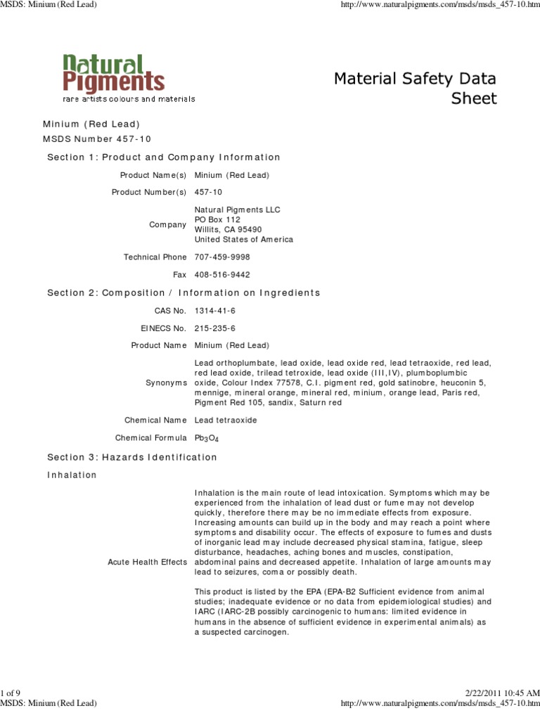 MSDS - Minium (Red Lead) | PDF | Lead | Toxicity