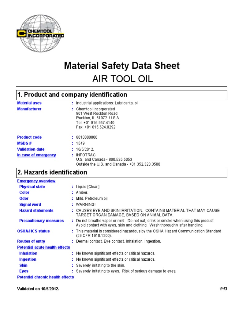 Characterization and Hazards of an Industrial Air Tool Oil | PDF