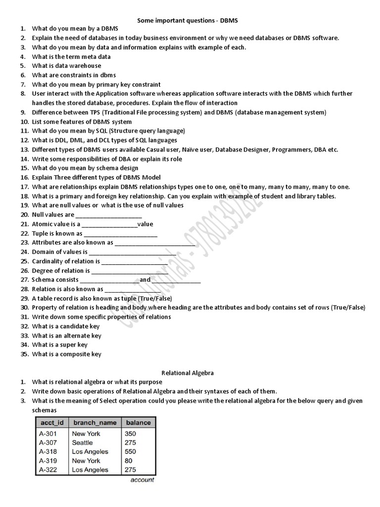 DBMS Some Important Questions | Download Free PDF | Relational Model | Databases