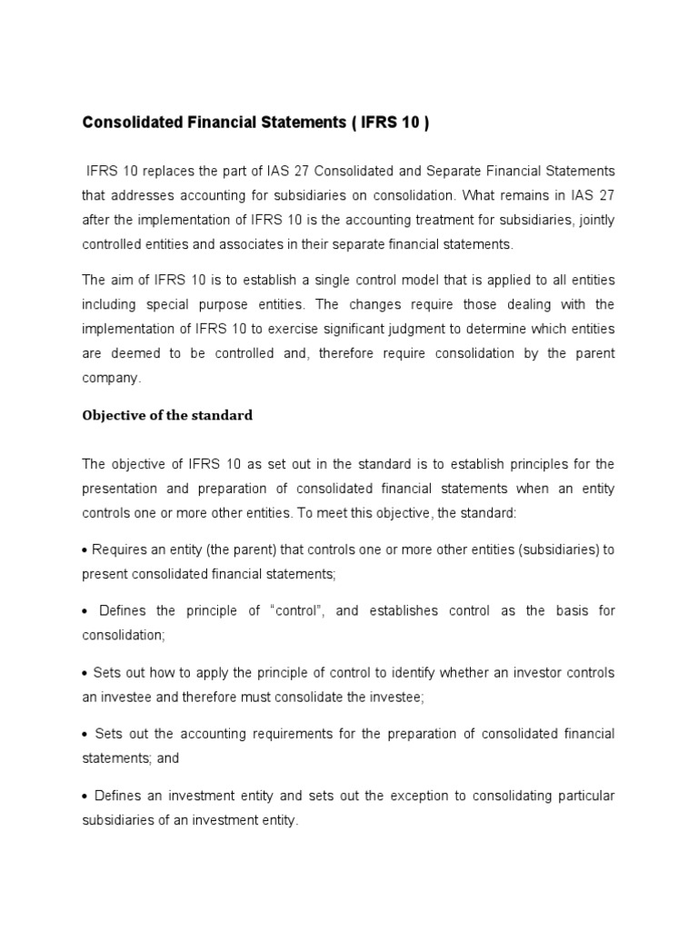 Consolidated Financial Statements (IFRS 10) : Objective of The Standard ...