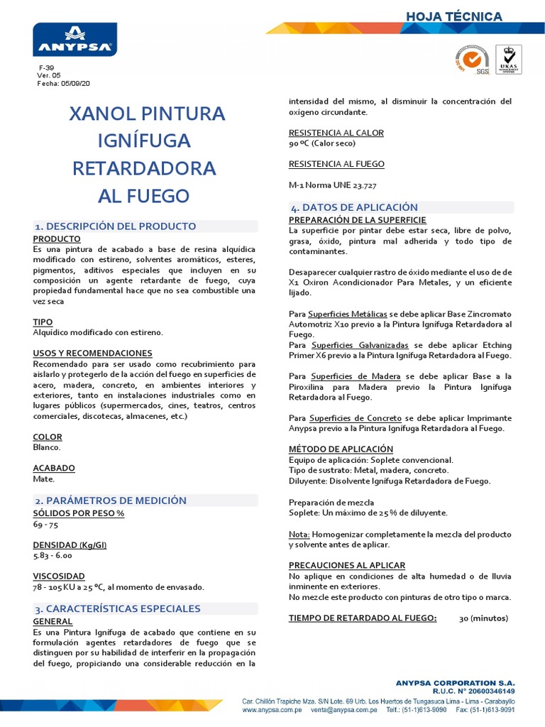Hoja Técnica Xanol Pintura Ignífuga | PDF | Pintar | Química