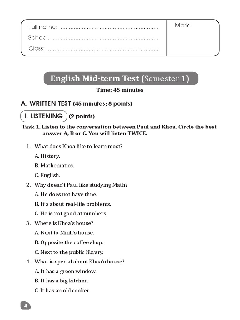 English Mid-Term Test (Semester 1) | PDF