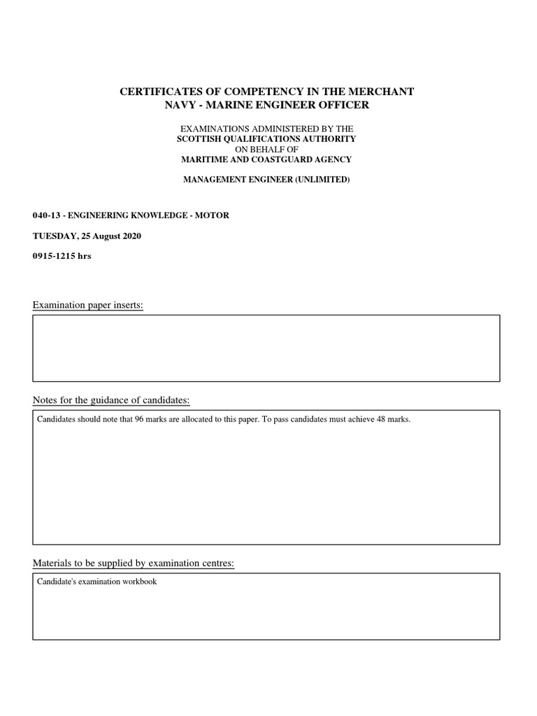 040-13 August 2020 Exam Paper | PDF | Engines | Diesel Engine