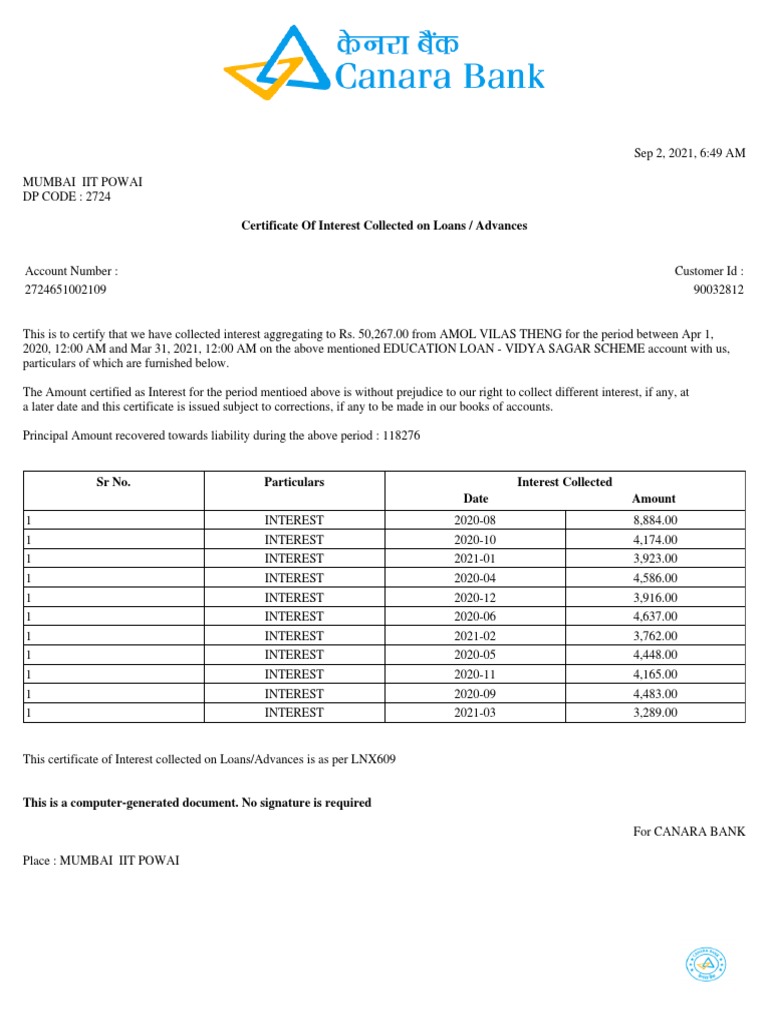 Certificate of Interest Collected On Loans / Advances | PDF | Service ...