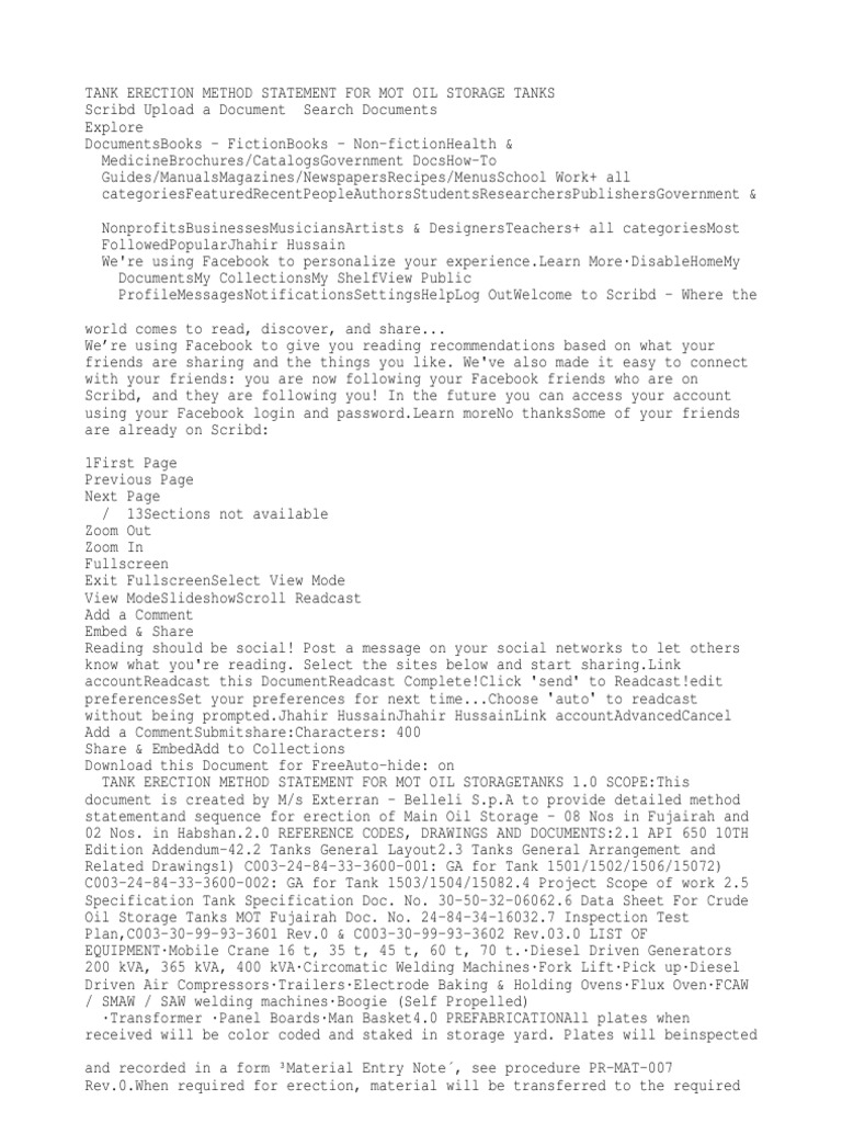 Tank Erection Method Statement For Mot Oil Storage Tanks | PDF | Scribd ...