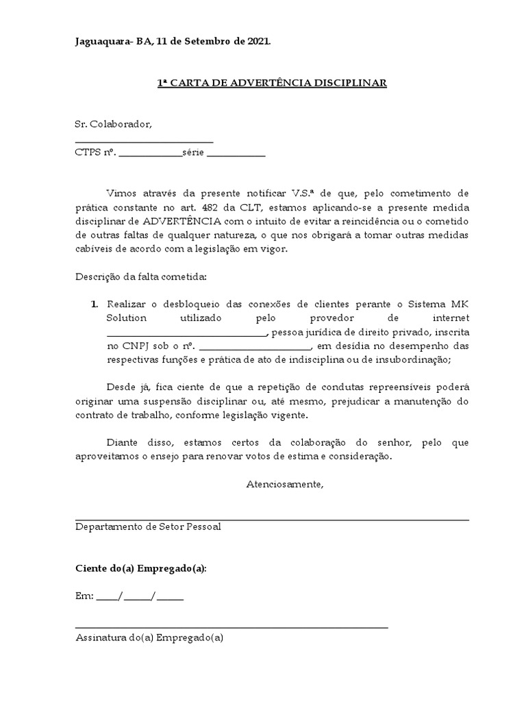 Modelo de Carta de Advertência | PDF | Princípios éticos | Direito Comum