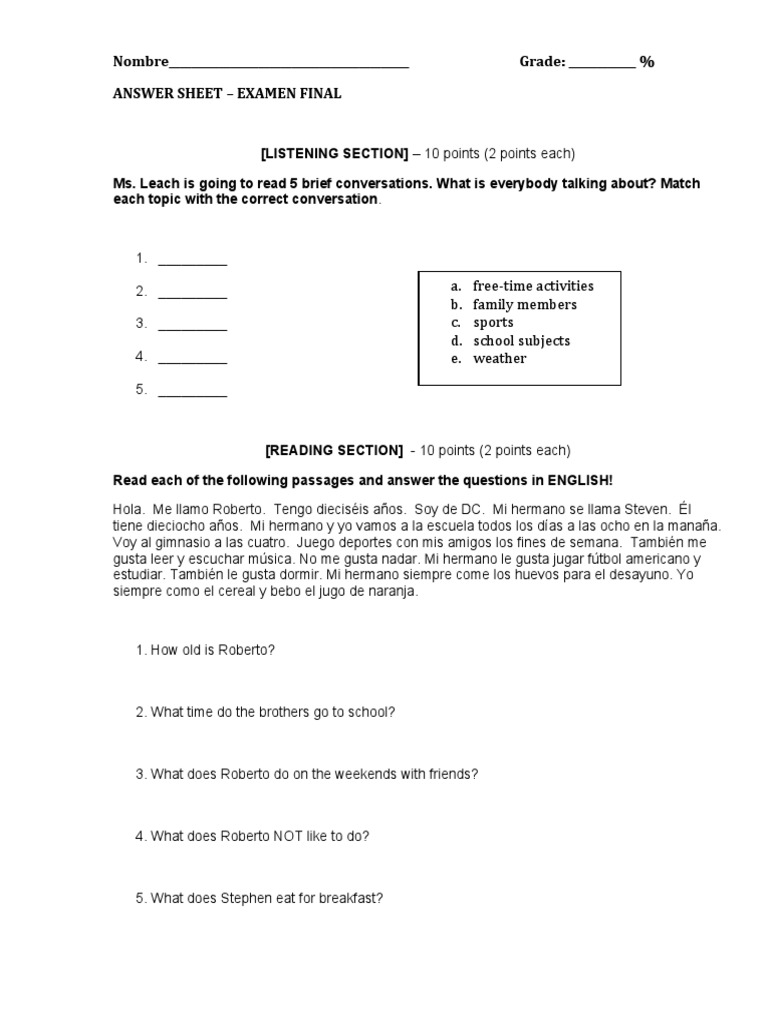 Final Exam Answer Sheet Template | PDF