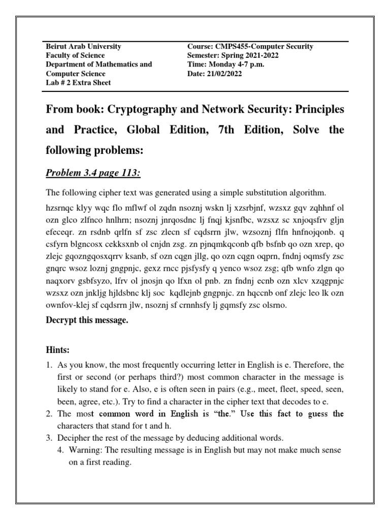 Lab Report 2: Solutions to Cryptography Problems from the Book "Cryptography and Network ...