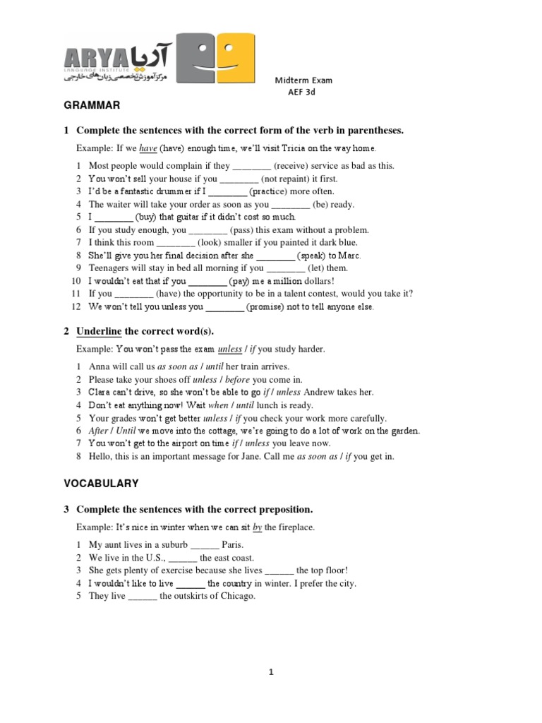 Grammar 1 Complete The Sentences With The Correct Form of The Verb in ...