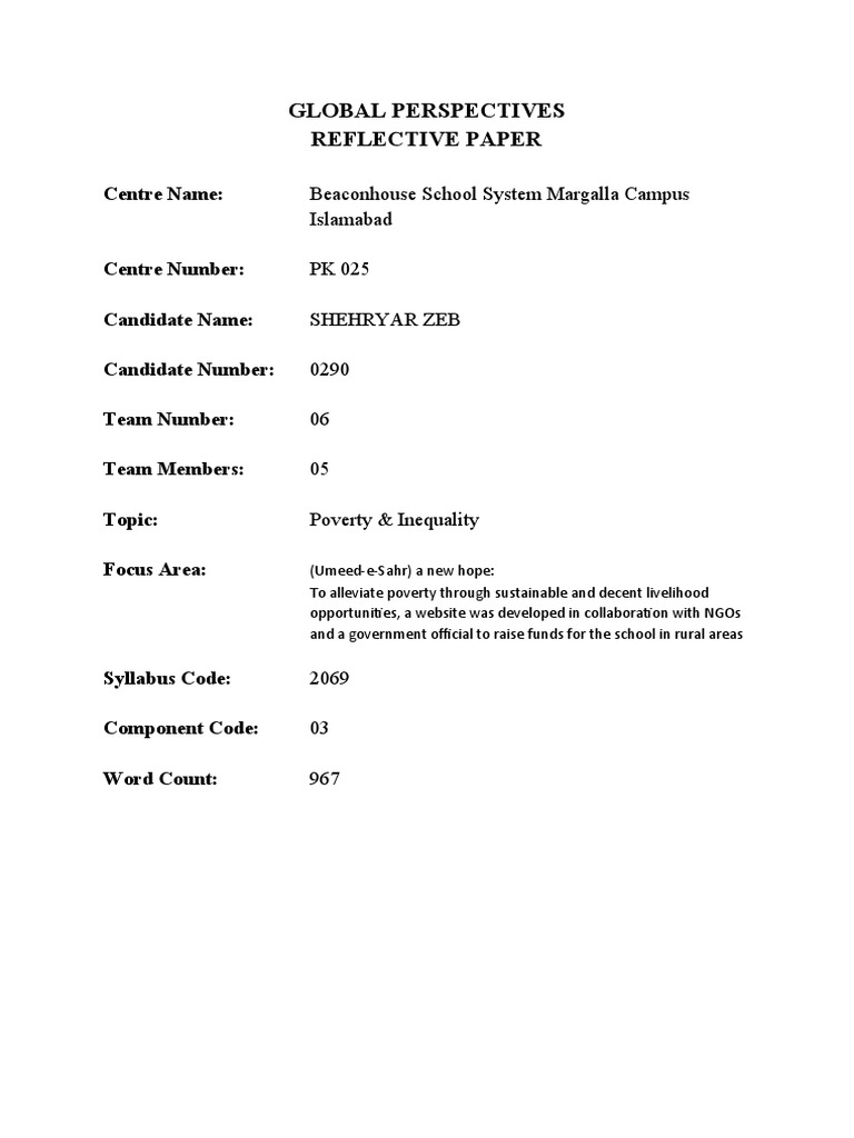 Global Perspectives Reflective Paper: Centre Name | PDF | Cognition