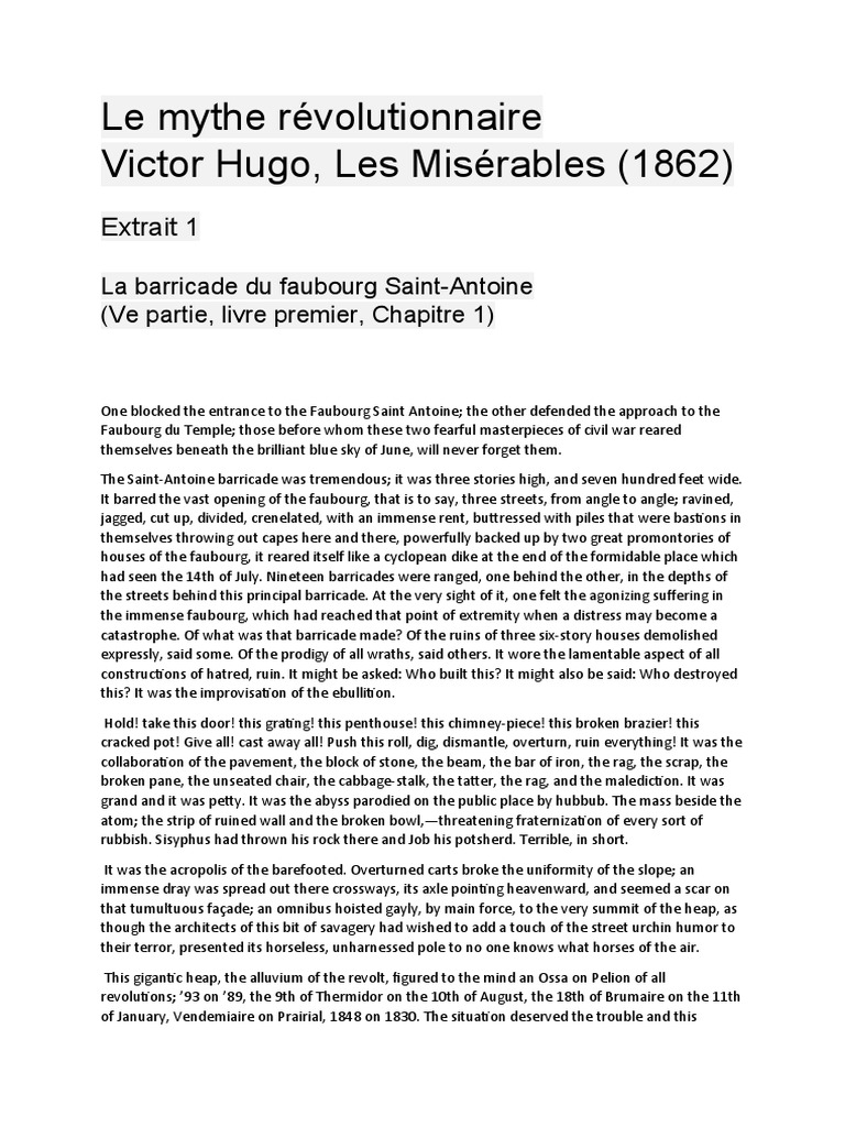 Le Mythe Révolutionnaire Victor Hugo, Les Misérables (1862) : Extrait 1 ... Le Mythe Révolutionnaire Victor Hugo, Les Misérables (1862) : Extrait 1 ...