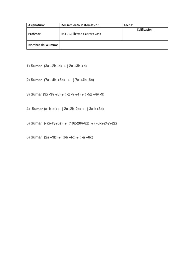 Ejercicios Suma de Polinomios | PDF