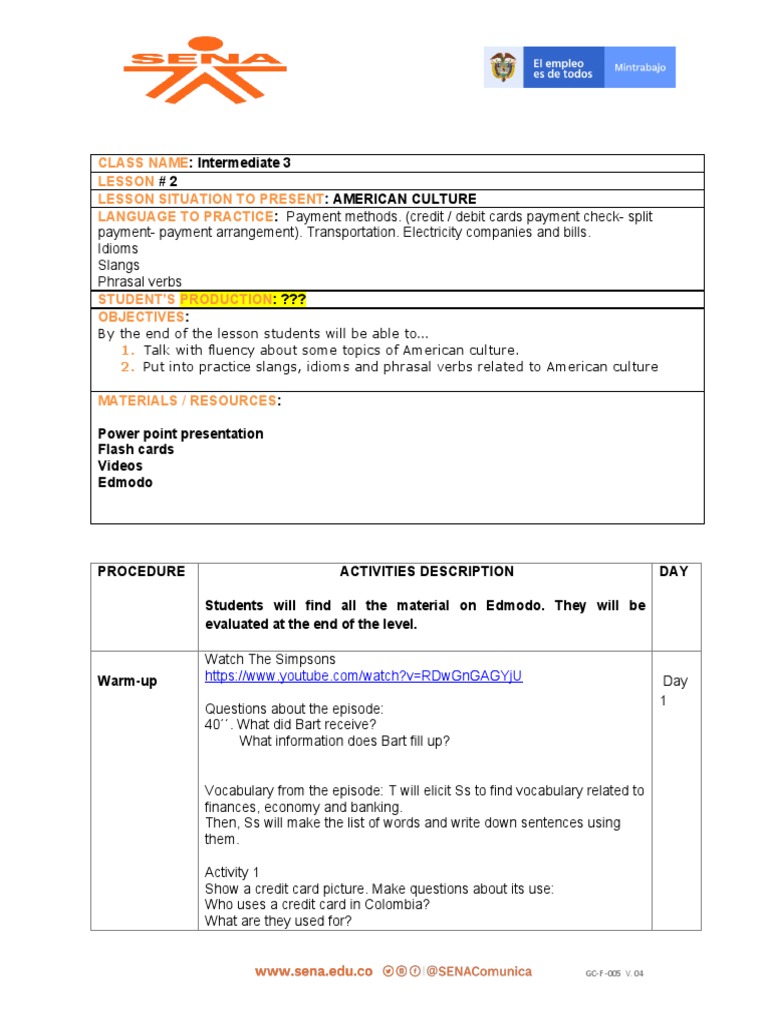 American Culture Lesson Plan | PDF | Payments | Credit Card