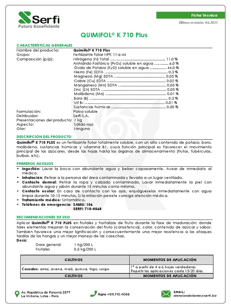 Ficha Técnica QUIMIFOL K 710 Plus v06.2021 | PDF | Fertilizante | Agua