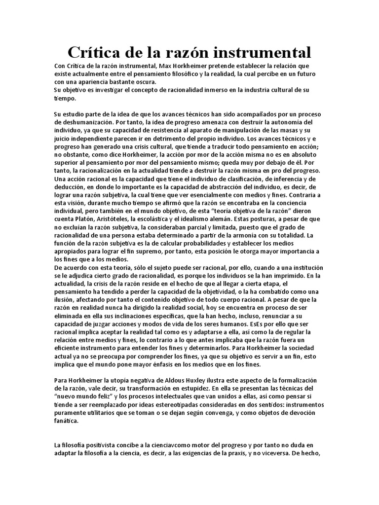 Crítica de La Razón Instrumental | PDF | Razón | Racionalidad