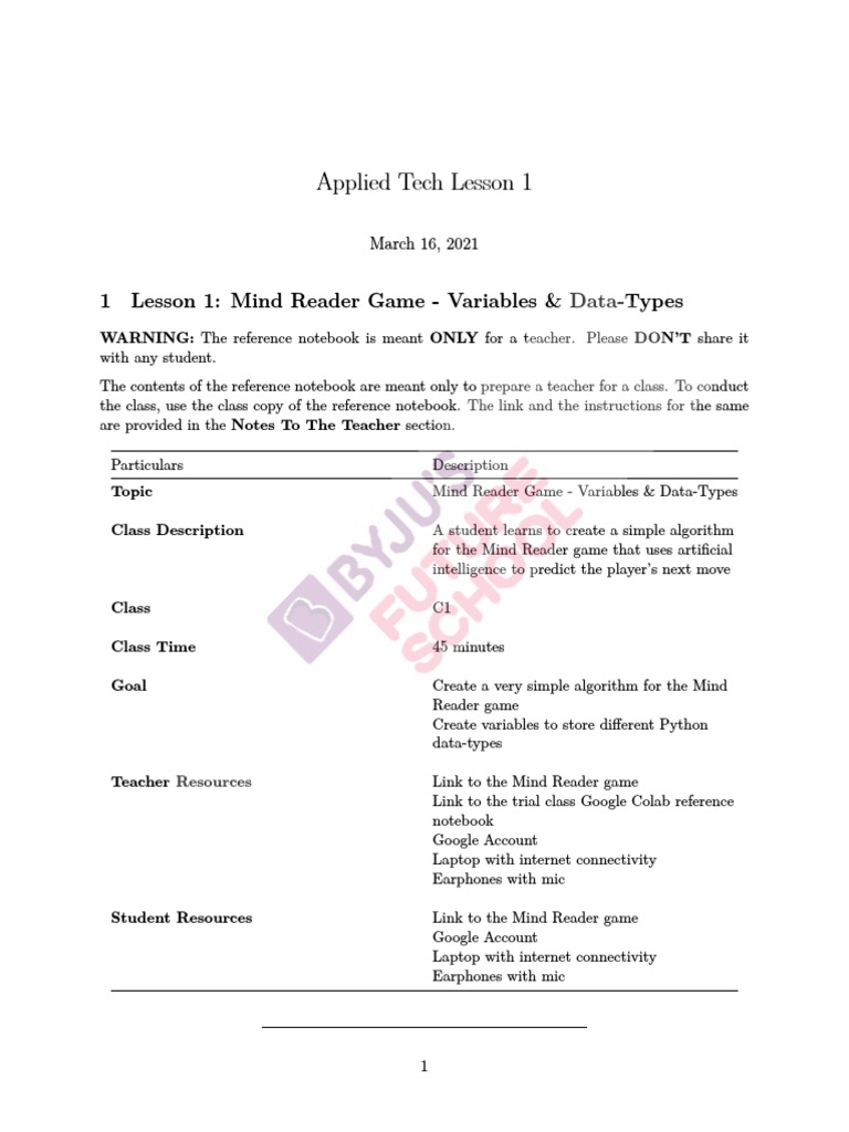Applied Tech Lesson 1: 1 Lesson 1: Mind Reader Game - Variables & Data-Types | PDF | Variable ...