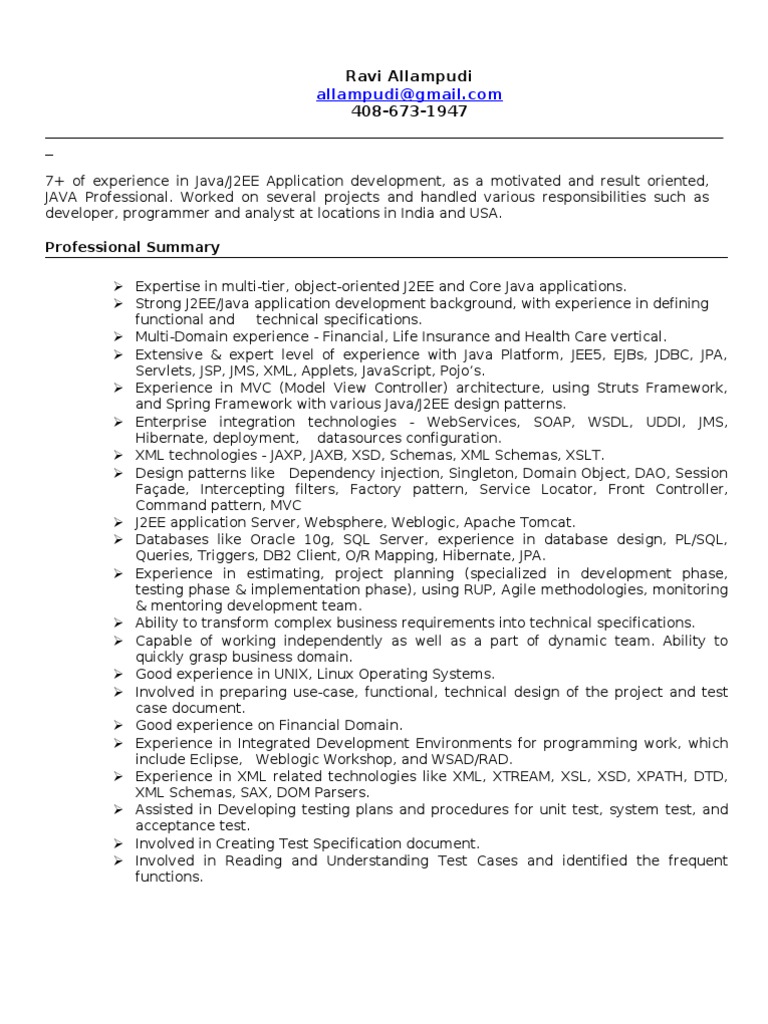 Ravi Java Resume | PDF | Spring Framework | Enterprise Java Beans