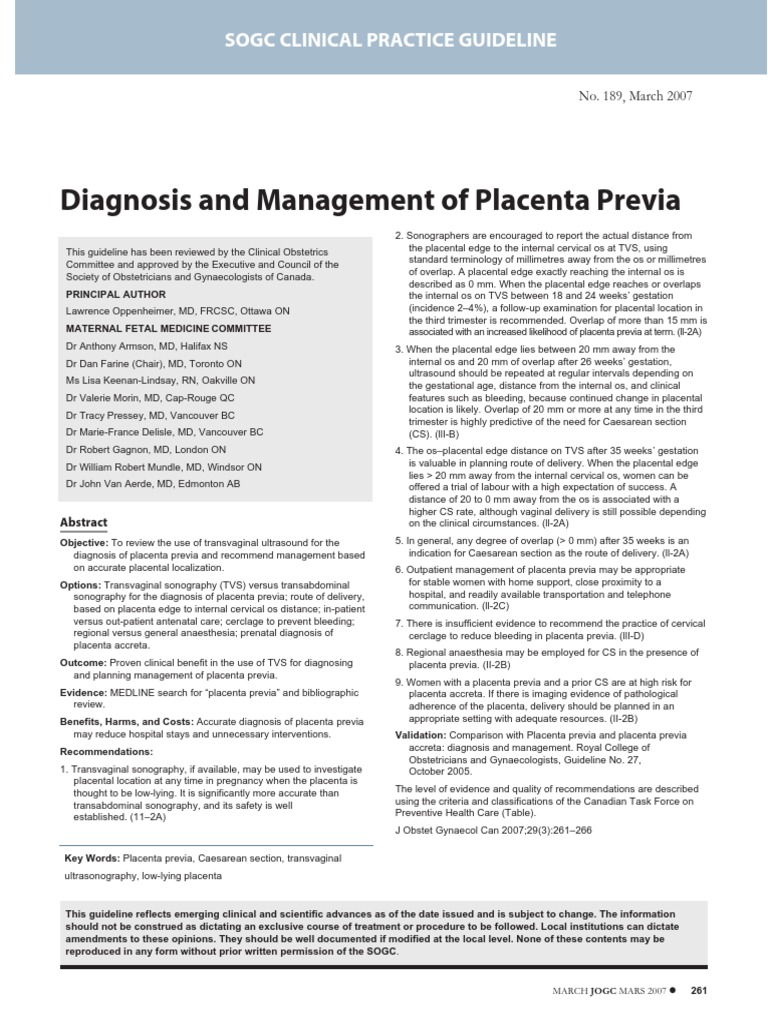 SOGC Guidelines - 2007 - Placenta Previa | PDF | Childbirth | Caesarean ...