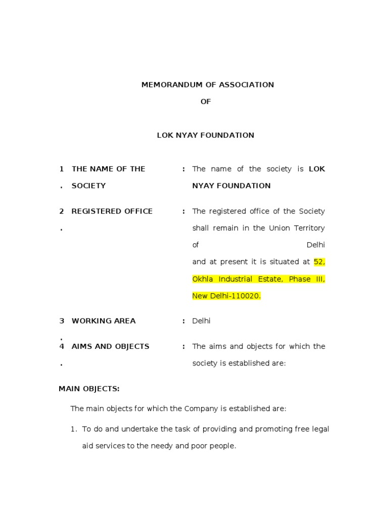 Lok Nyay Foundation Memorandum of Association | PDF | Property | Interest