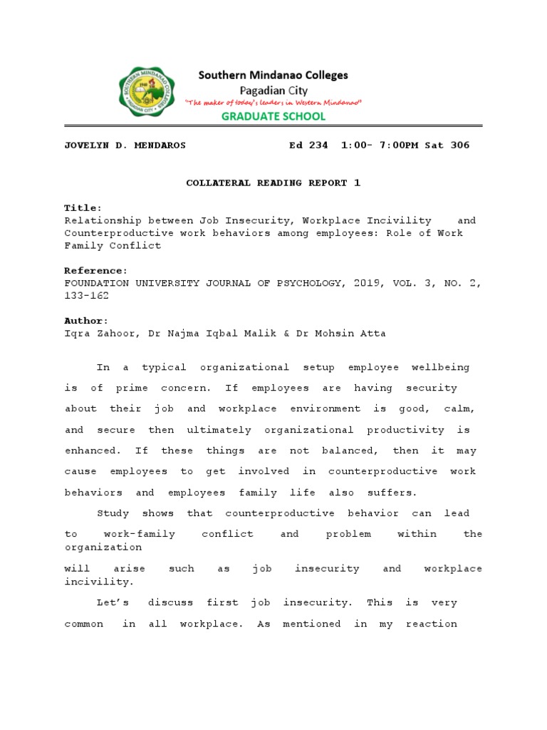 Ed 234 Collateral Reading Report On Counterproductive Behavior ...