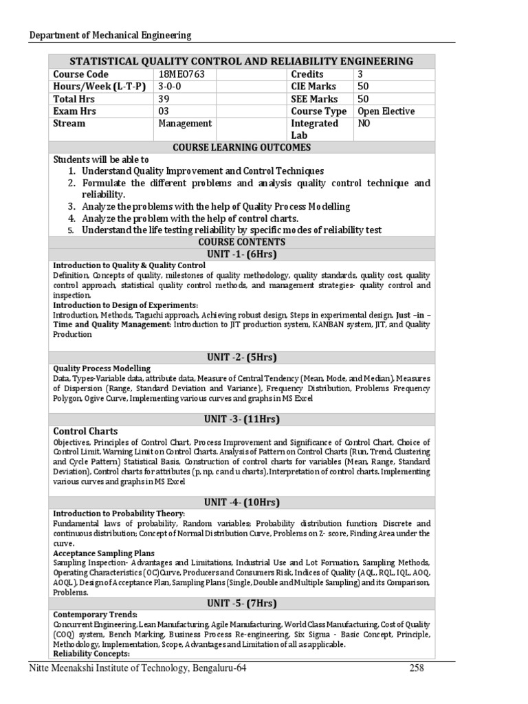 SQC OE 2018 syllBUS | PDF | Reliability Engineering | Statistics