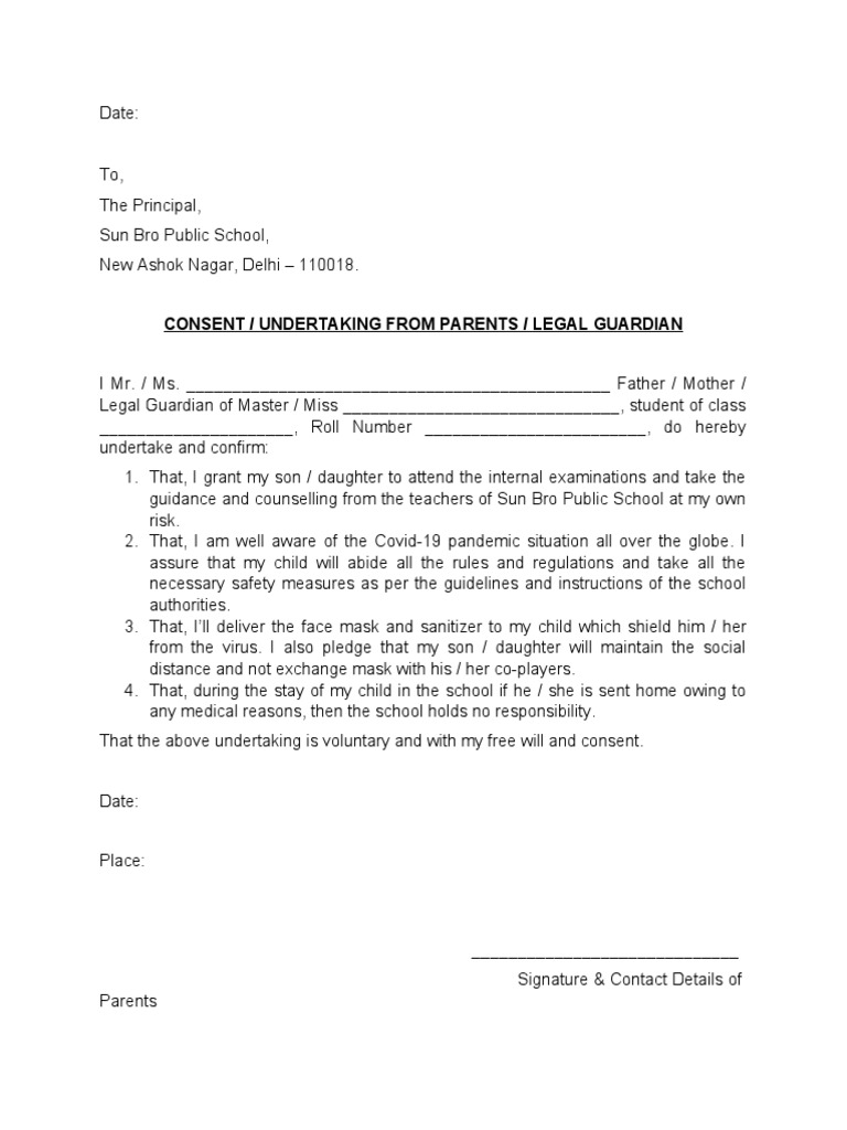 Parental Consent Undertaking for School | PDF