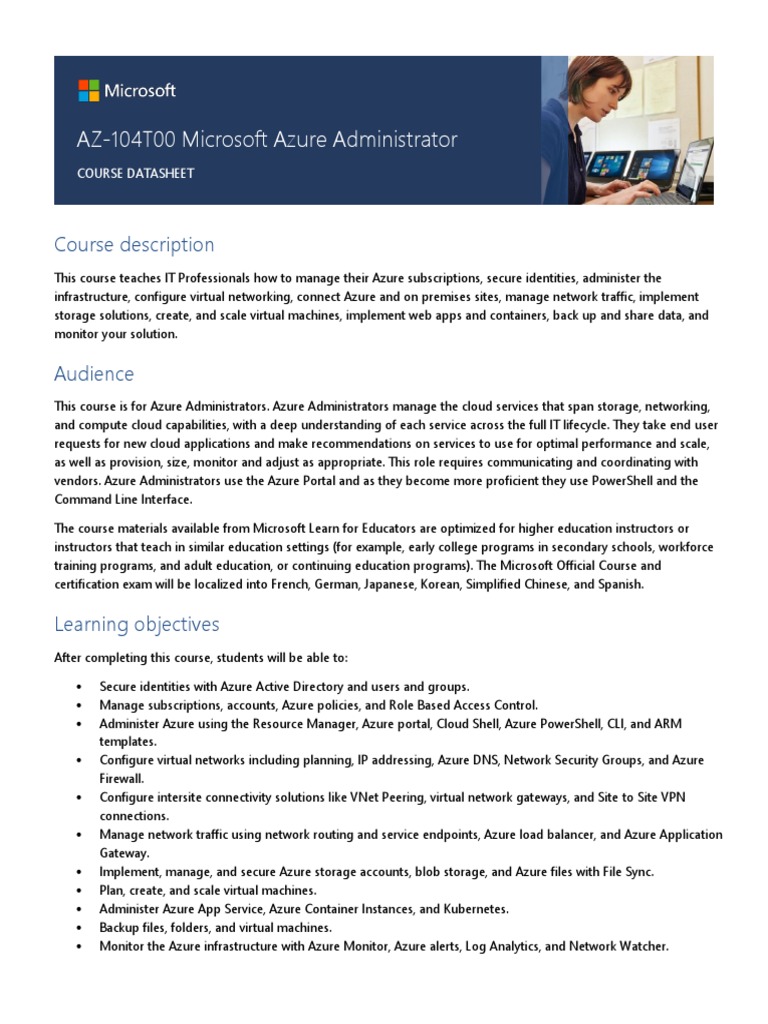 AZ-104T00 Microsoft Azure Administrator: Course Description | PDF ...