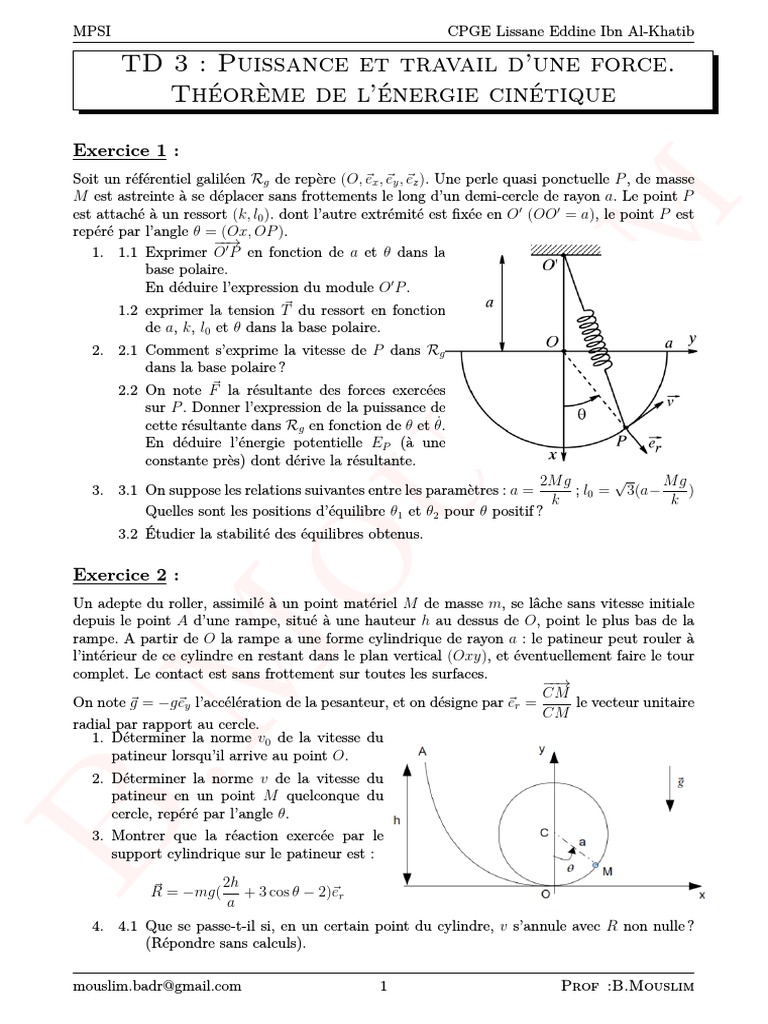 TD 03 Puissance Et Travail D'une Force. Théorème de L'énergie Cinétique ... TD 03 Puissance Et Travail D'une Force. Théorème de L'énergie Cinétique ...